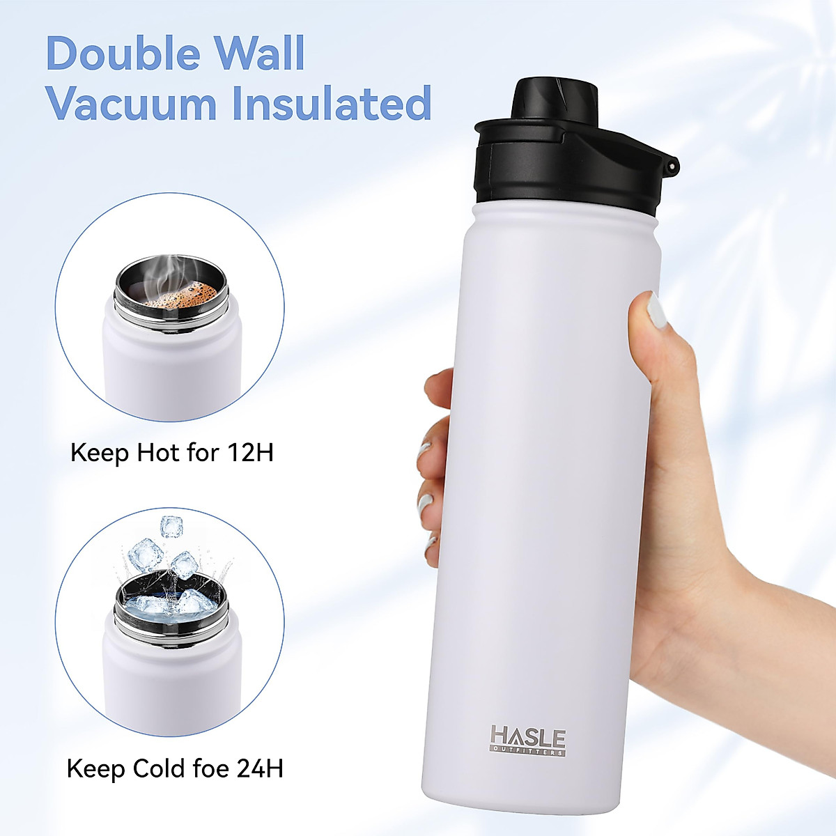 HASLE OUTFITTERS Insulated Water Bottle 22 oz Double Wall Stainless Steel Water Bottle Wide Mouth with Straw Lid & Spout Lid Keeps Cold or Hot(White,1)