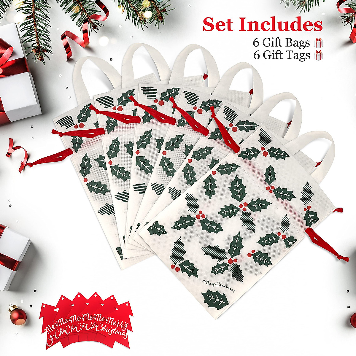 Fabric Gift Bags for Christmas Presents - Set of 6 Christmas Bags with Drawstring, Large Christmas Gift Bags for Presents, Christmas Gift Wrap, Reusable Christmas Bags for Gifts (Christmas Holly)