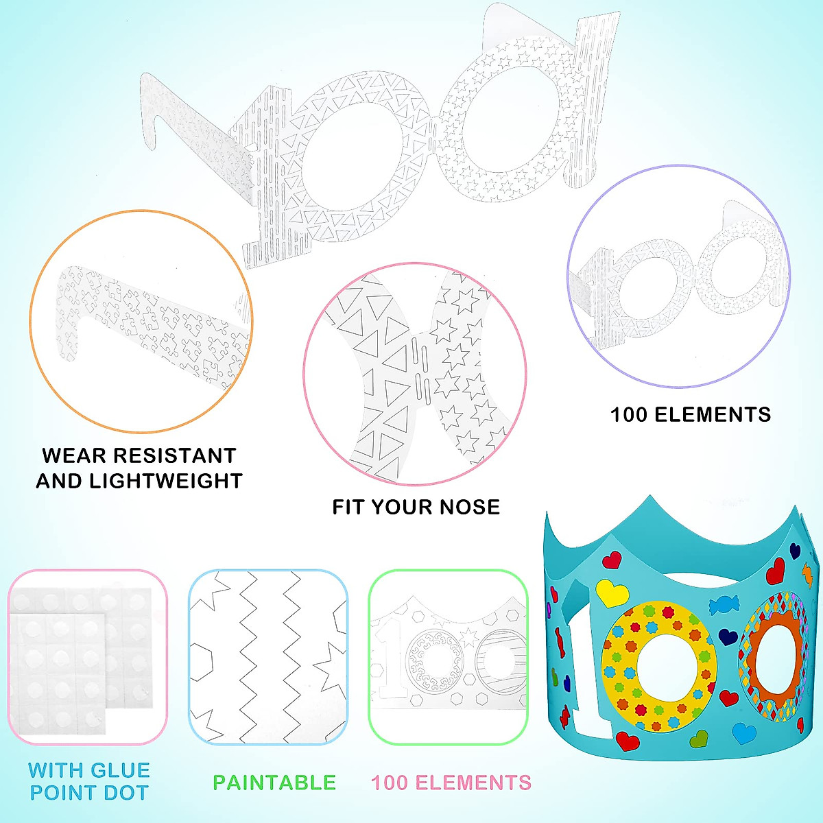 Civaner 48 Pieces 100th Day of School Decorations Kit Includes 24 Glasses and 24 Crowns 100th Day of School Celebration for Kids Project Students Personalize Show School Spirit