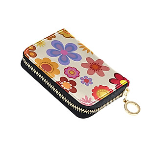 Colorful Vintage Flowers in 1960s, 1970s Grey Credit Card Coin wallet, RFID Blocking Compact Women Leather Card Holder, Key Change Organizer, Zipper Purse Clutch Pouch