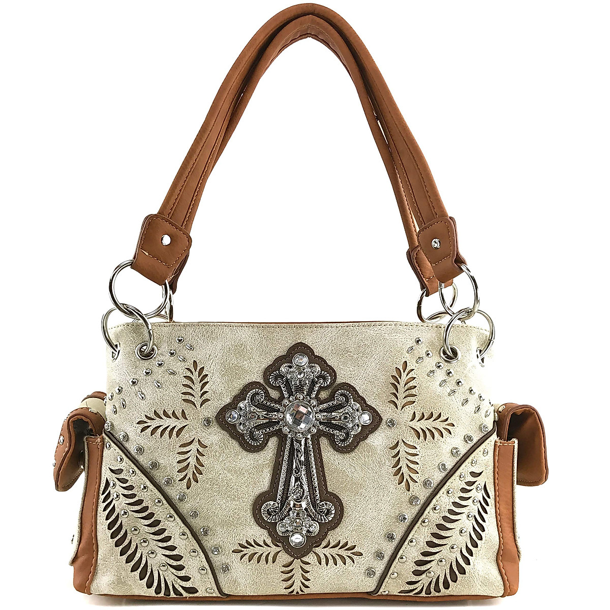 Zelris Fall Fern Leaf Western Cross Women Conceal Carry Handbag Wallet Set (Beige)
