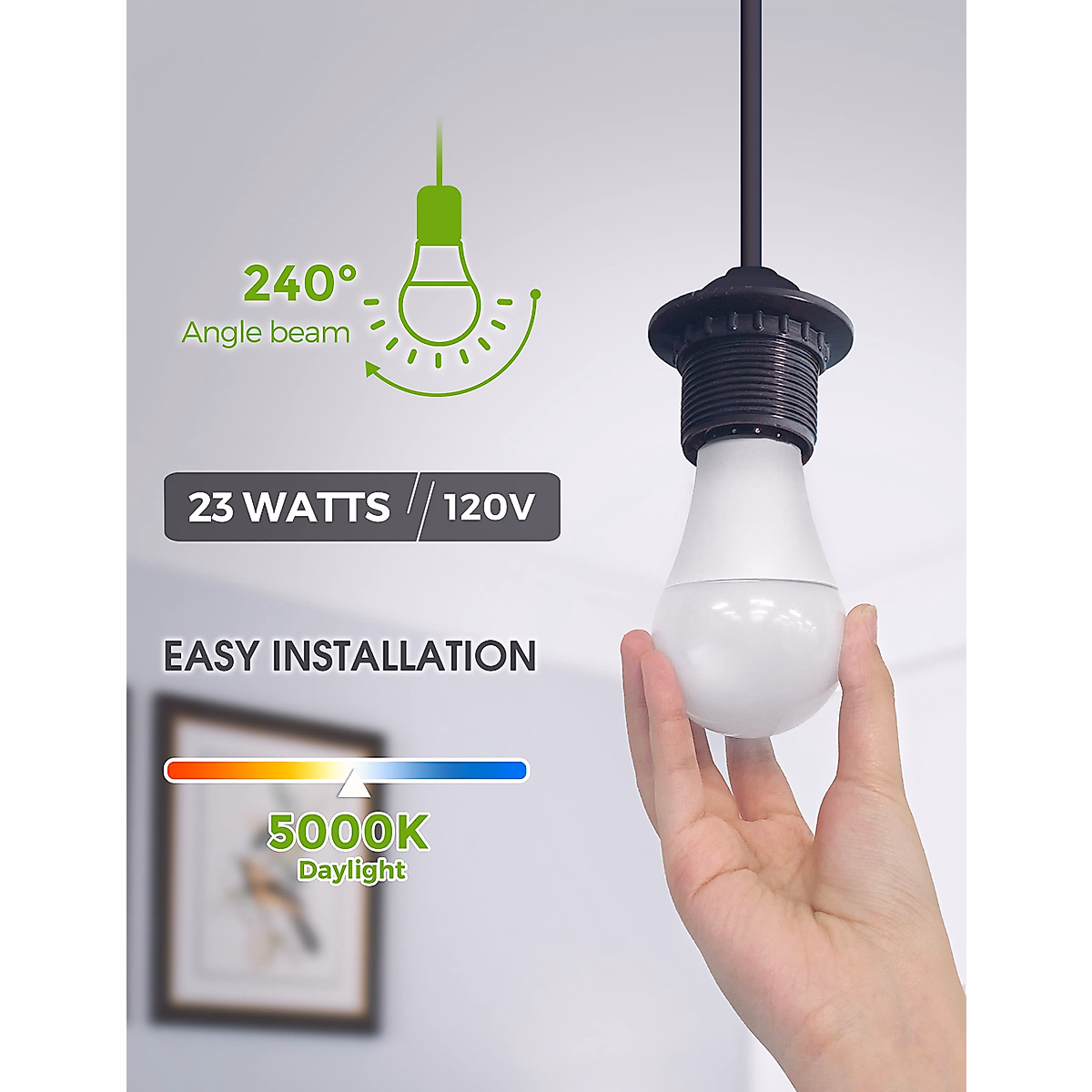 LOHAS Super Bright White LED Light Bulb, A21 23W(150-200Watt Equivalent), 2500 High Lumen, 5000K Daylight White, Garage Light Bulbs, E26 Porch Light Bulb, Non-Dim, No Flicker for Home Lighting, 2-Pack