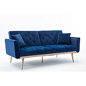 Velvet Mini Sofa, Accent Sofa, Modern Folding Couch, Sofa Bed for Living Room, Loveseat Sofa with Rose Gold Metal Feet (Navy)
