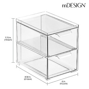 mDesign Stackable Storage Containers Box with 2 Pull-Out Drawers - Stacking Plastic Drawer Bins for Closet Organization, Linen, Coat, Bedroom or Entryway Closets - Lumiere Collection - 2 Pack - Clear