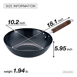 Wok pan Induction NonStick Cooker 10.2inch - Iron Embossed Surface Wood Handle Made in Japan