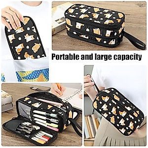 Fustylead Cute Cartoon Shiba Inu Dog and White Daisy Flower Large Pencil Bag Storage Pen Case Makeup Pouch Stationery Bag for School College Office Organizer