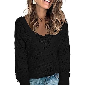 Dokotoo Black Sweaters for Women Juniors 2023 Fashion Casual V Neck Long Sleeve Hollow Out Crochet Lace Pullover Sweater Solid Color Cable Knitted Tunic Jumper Tops Medium