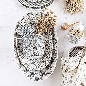 Creative Co-Op 6 oz. Hand-Stamped Stoneware Creamer Sugar Jar with Spoon Sugar & Creamer, 8.25", Black & Cream