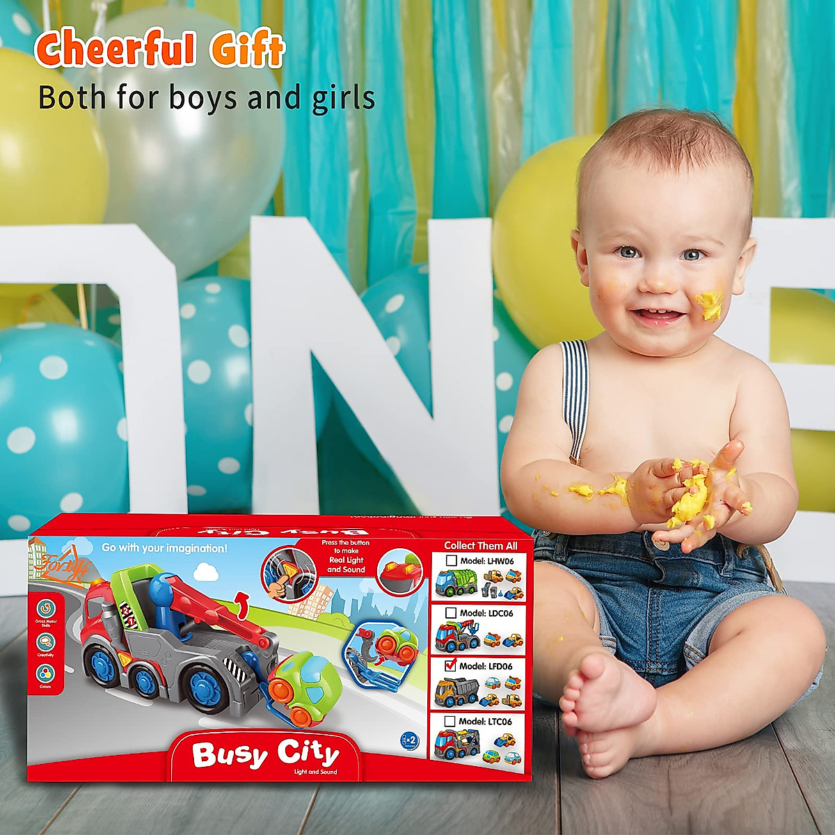 Car Toys for 2 3 4 5 Years Old Toddlers Boys and Girls,12‘’ Big Dump Truck with Light and Sound, Push and Go Small Bulldozer Forklift truck, Vehicles Playset for Christmas Birthday Gift