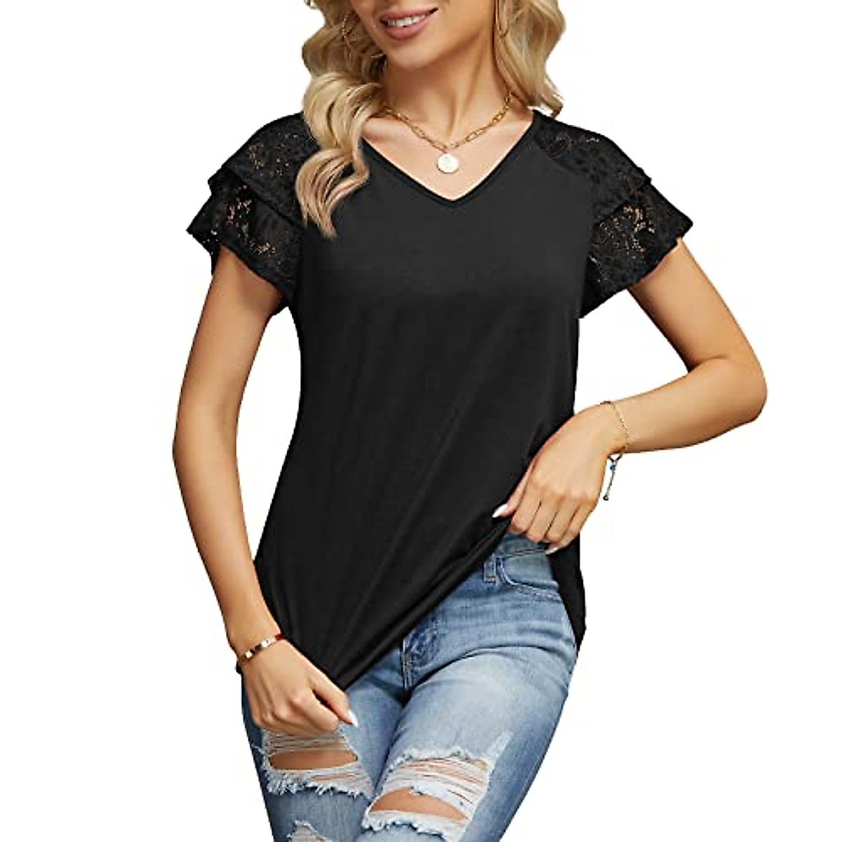 FREEOAK Summer Tops Double Lace Sleeve Shirts for Women V Neck Loose Casual Tee Tunics Black Tops for Women Black L