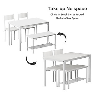 SogesHome 43.3'' Kitchen Dining Table Set for 4, 4 Piece Kitchen Table Bench Chairs Setfor 4, Space-Saving Table Set for Restaurant, Coffee Shop,White