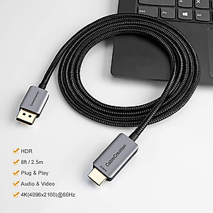 CableCreation Active DP to HDMI Cable HDR 4K@60Hz 2K@144Hz 1080P@144Hz, 8FT Unidirectional DisplayPort to HDMI Monitor Cable, DP 1.4 to HDMI 4K Braided, Support Eyefinity Multi-Display, Aluminum
