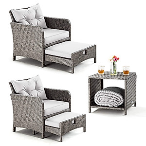 Pamapic 5 Pieces Outdoor Patio Wicker Chairs Set with Ottoman .Outside Conversation Furniture set with Cushions and Coffee for Balcony Porch Lawn Garden Table(Grey Cushion+Light Grey Rattan)