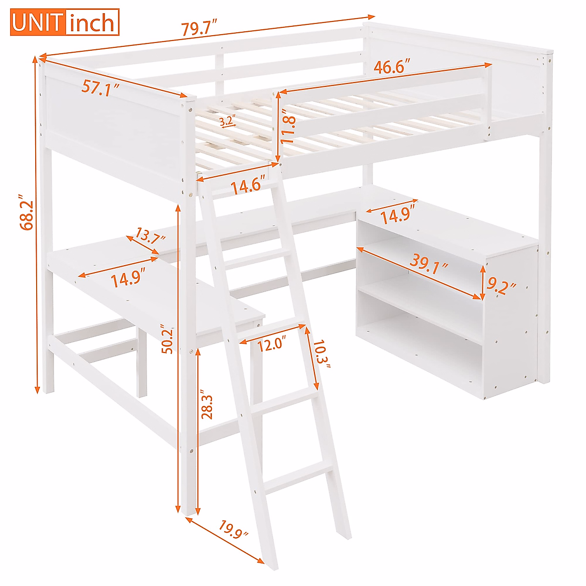 GINGVAT Full Size Loft Bed with Desk and Shelves, Wooden Bedframe and Safety Guardrails, Bedroom Furniture for Children/Teens, White