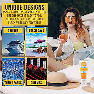 Smuggler's Delight Sunscreen Hidden Alcohol Flask for Cruise Ships & Concerts, Bronzing Oil & Sunscreen Flasks for Hidden Liquor, Set of Four 8oz Bottles, 32oz Total