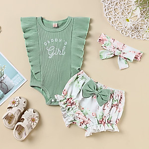 bilison Girl's Funny Letter Top Floral Pants With Headband Newborn Summer 3Pcs Sets Romper Outfit, Green-daddy's Girl, 0-3M