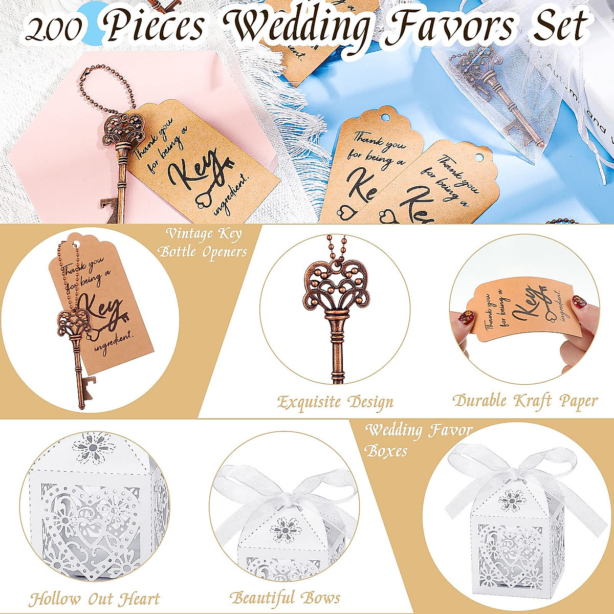 Sawysine 50 Set Key Bottle Openers Skeleton Key Valentine's Day Favors with Escort Card Tag and Key Chains, Love Heart Laser Cut Candy Boxes and White Organza Bags Rustic Decoration