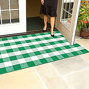 Green Checkered Outdoor Rug Front Door Mat 24'' x 51'', Buffalo Plaid Entryway Rug with 4 Non-Slip Grippers, Farmhouse Vibe Porch Rug Welcome Layered Doormat, Laundry Room/Entrance/Kitchen Rug