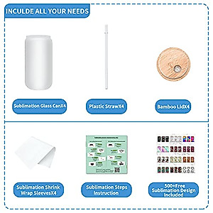 ZONEGRACE 4 Pack Frosted Sublimation Glass Blanks With Bamboo Lid,16 OZ Sublimation Beer Can Glass Cups,Drinking Glasses Jars Mugs Tumblers With Straw,Ideal for Whiskey,Iced Coffee,Juice,Soda,Water