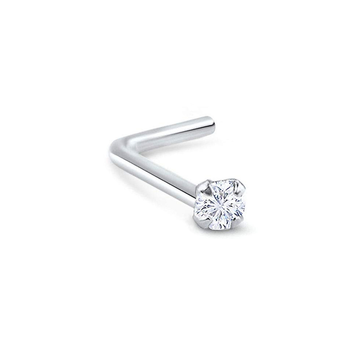 14k White Gold L Bend Nose Stud Ring 2.5mm Clear Round CZ 18G