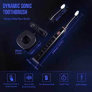 BTFO Electric Toothbrush with 5 Modes, 2pcs Replacement Brush Heads USB Rechargeable Smart Electronic Toothbrush with Holder for Adults IPX7 Waterproof Timing Fast Charging (Black, 1741-01)