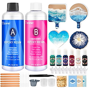 Teexpert Epoxy Resin Kit for Beginners, Resin Kit with Coaster Molds, Silicone Molds Kit, Pigments, Mica Powder, Foil Flakes, Crystal Clear Art Resin, Casting & Coating for DIY Resin Coasters 16 FL.OZ