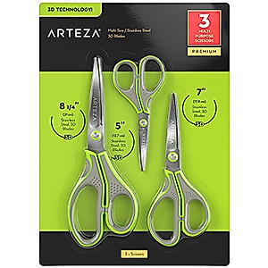 Arteza Household Scissors, Set of 3 â€“ 5, 7, and 8.25 Inches, All-Purpose Scissors with 3D Blades of Stainless Steel, Home Supplies for Crafting, Cooking, and School Projects