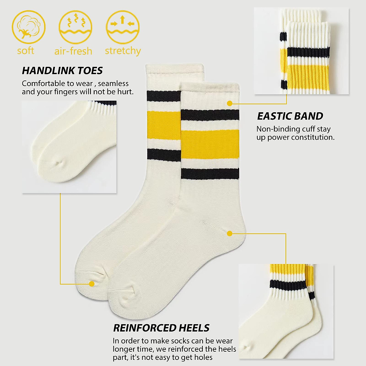 4 PAIRS Stripe Crew Socks For Women Retro Athltic Socks Casual Cotton Stretchy Novelty Socks Unisex MultiColor