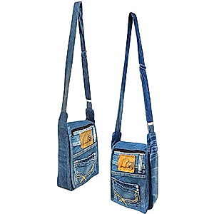 BDJ Upcycling Blue Denim Jeans Oblong Small Cross Body Shoulder Handbag Purse (Small Crossbody 5)