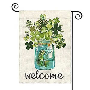 AVOIN colorlife Welcome Watercolor Lucky Clover St Patricks Day Garden Flag Double Sided, Shamrock Jar Yard Outdoor Flag 12x18 Inch