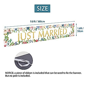 Just Married Banner Backdrop Decorations, Wedding Engagement Party Photo Booth Props Porch Sign Supplies, Bridal Shower Décor for Outdoor Indoor (9.8x1.6ft)