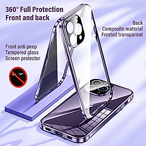 KumWum Privacy Screen Protector for iPhone 14 Pro Max Case Full Body Magnetic Buckle Metal Bumper Slim Thin Front and Back 360 Protection with Camera Lens Protector Cover - Purple