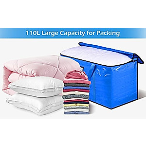 SLEEPING LAMB 110L Extra Large Moving Bags Heavy Duty Reusable Moving Totes Boxes Storage Containers for Clothes Comforters Blankets, Carrying, Travelling, College Dorm Packing, 4 Packs, Blue