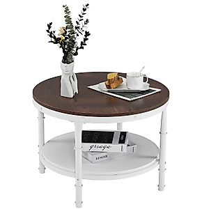 VINGLI 25.6" Rustic Oak White Round Farmhouse Coffee Table, 2-Tier Storage Wood Center Circle Accent Table for Living Room, Bedroom, Apartment, Studio and Small Spaces, Sturdy Metal Frame