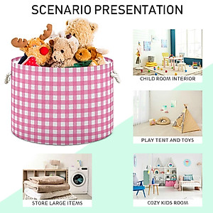Gingham Hot Pink Plaid Storage Basket Round Collapsable Waterproof Decorative Baskets with Sturdy Handle Decoration for Toy Toy Cloth