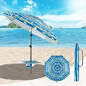 Magiea 7ft Beach Umbrellas For Sand Heavy Duty Wind, Portable Beach Umbrella UPF 50+ Windproof Outdoor Beach Umbrella with Sand Anchor, Tilt Pole, Carry Bag, Table Tray, Vent and Hook