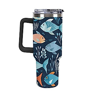 LPSADGF Fishes Pattern Insulated Stainless Steel Travel Mug, 40 Oz Tumbler with Handle And Straw Double-Wall Vacuum Coffee Cup, Leak-Proof Lid, Keeps Drinks Hot/Cold for Hours