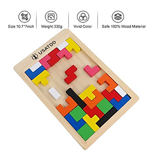 USATDD Wooden Puzzles Blocks Brain Teasers Toy Russian Tangram Colorful Jigsaw Game Montessori Intelligence STEM Preschool Educational Gift for Baby Toddlers Kids 3 4 5 6 7 Years Old Boys Girls 40Pcs