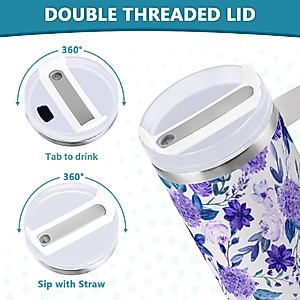 Adornlife Violet Flowers 30 oz Tumbler with Handle and Straw Lid, 100% Leak-proof Travel Coffee Mug, Stainless Steel Insulated Cup For Beverages, Cupholder Friendly