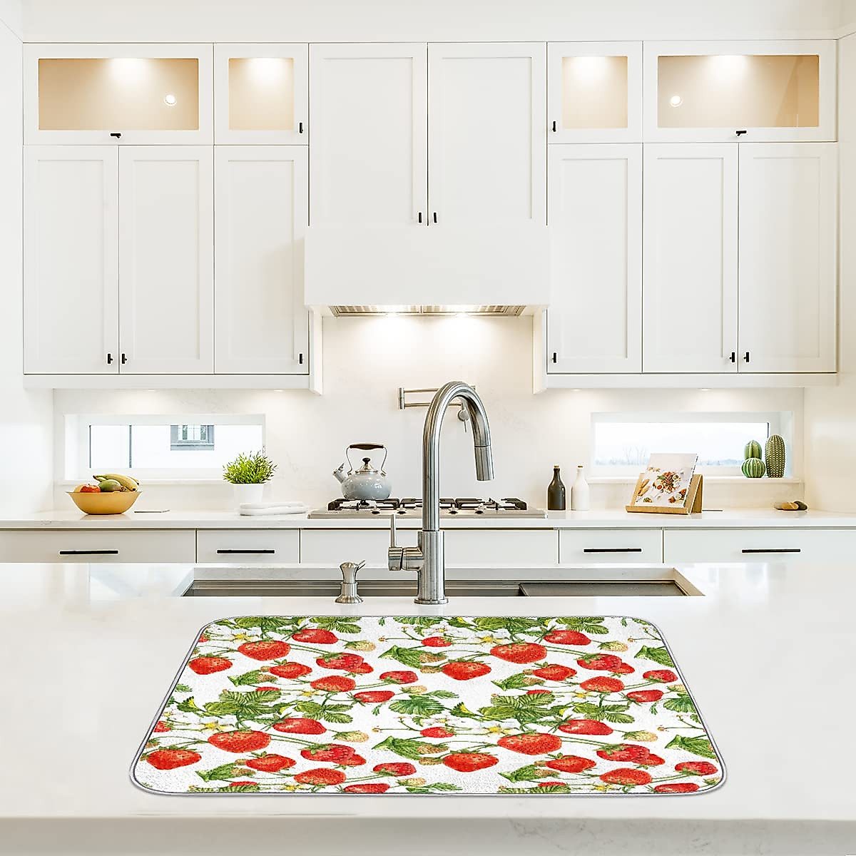 QsirBC Strawberry Fruits Leaves Reversible Dish Drying Mat for Kitchen Counter, 18"x 24", Sink Mat, Pet Feeding Mat, Coffee Bar Mat, Absorbent Microfiber Drainer Mat, Washable Quick Dry Pad