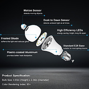 Aovpex Motion Sensor Light Bulbs Dusk to Dawn 13W Equivalent 100W 1100lm Movement Activated Security LED Light Bulb 2700K Warm White, Auto On Off for Porch Garage Basement Hallway Closet, 4 Pack
