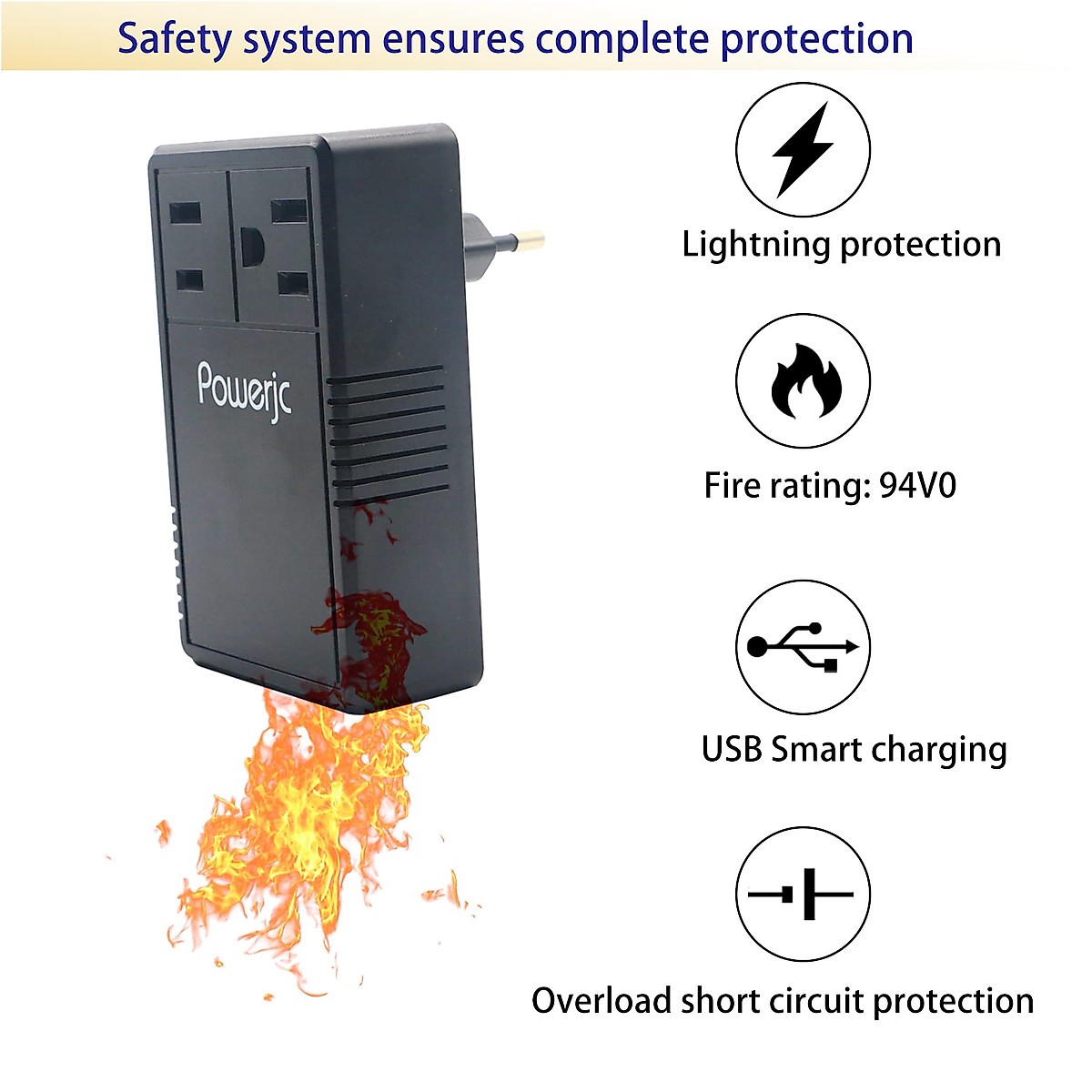 Powerjc Travel Voltage Converter Adapter Power Step Down 220V to 110V 2000W with 2 Outlets and 2 Smart USB Charging Ports Black