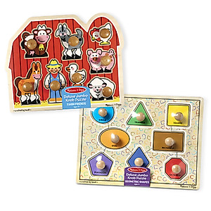 Melissa & Doug Jumbo Knob Wooden Puzzles - Shapes and Farm Animals - Chunky Baby Puzzles, Wooden Puzzles With Knobs For Toddlers Ages 1+