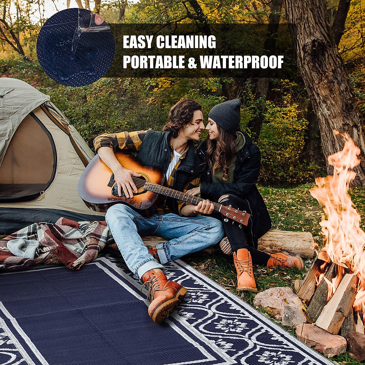 HUGEAR Outdoor Rug Mats, Large Waterproof Area Rug, Reversible Portable Outdoor Plastic Straw Carpet for RV Deck Camping Front Door Indoor Outside Porch Picnic (5x8ft Lantern Navy Blue&White)
