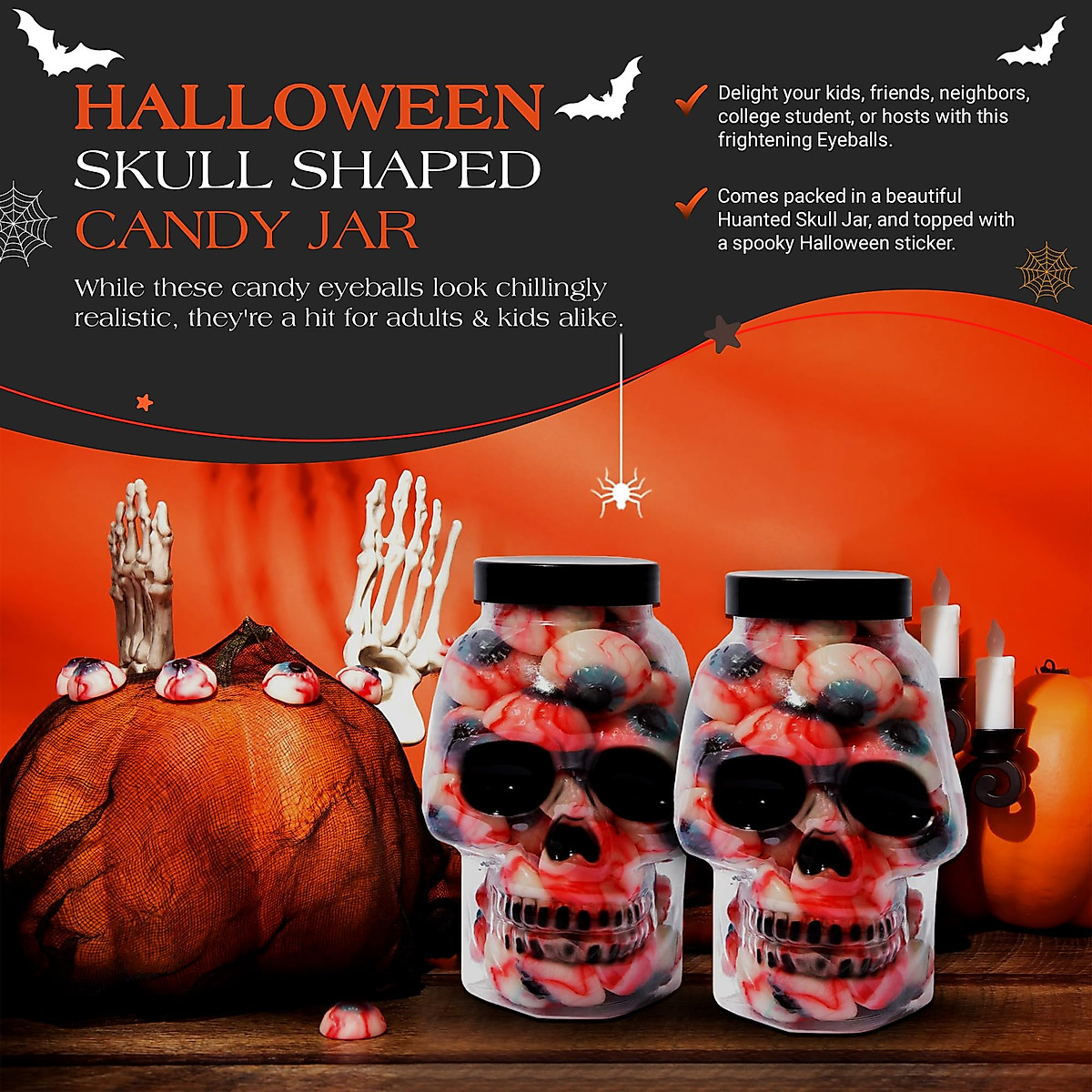 Purple Plum Halloween Trick or Treat Candies | Stuffed Eyeball Gummies in Scary Skull Shape Candy Jar | Spooky Sweets | Perfect For Halloween