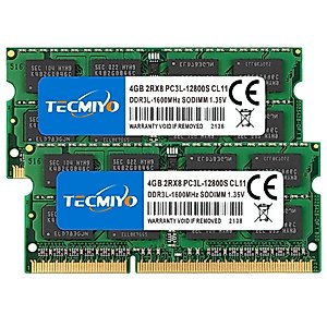 TECMIYO 8GB Kit (2 x 4GB) DDR3L-1600 SODIMM,DDR3 PC3-12800S/PC3L 1600MHz 12800 Ram 8 GB Non ECC Unbuffered 1.35V/1.5V CL11 204 Pin Sodimm Ram 2RX8 Dual Rank for Laptops Notebook Memory Upgrade