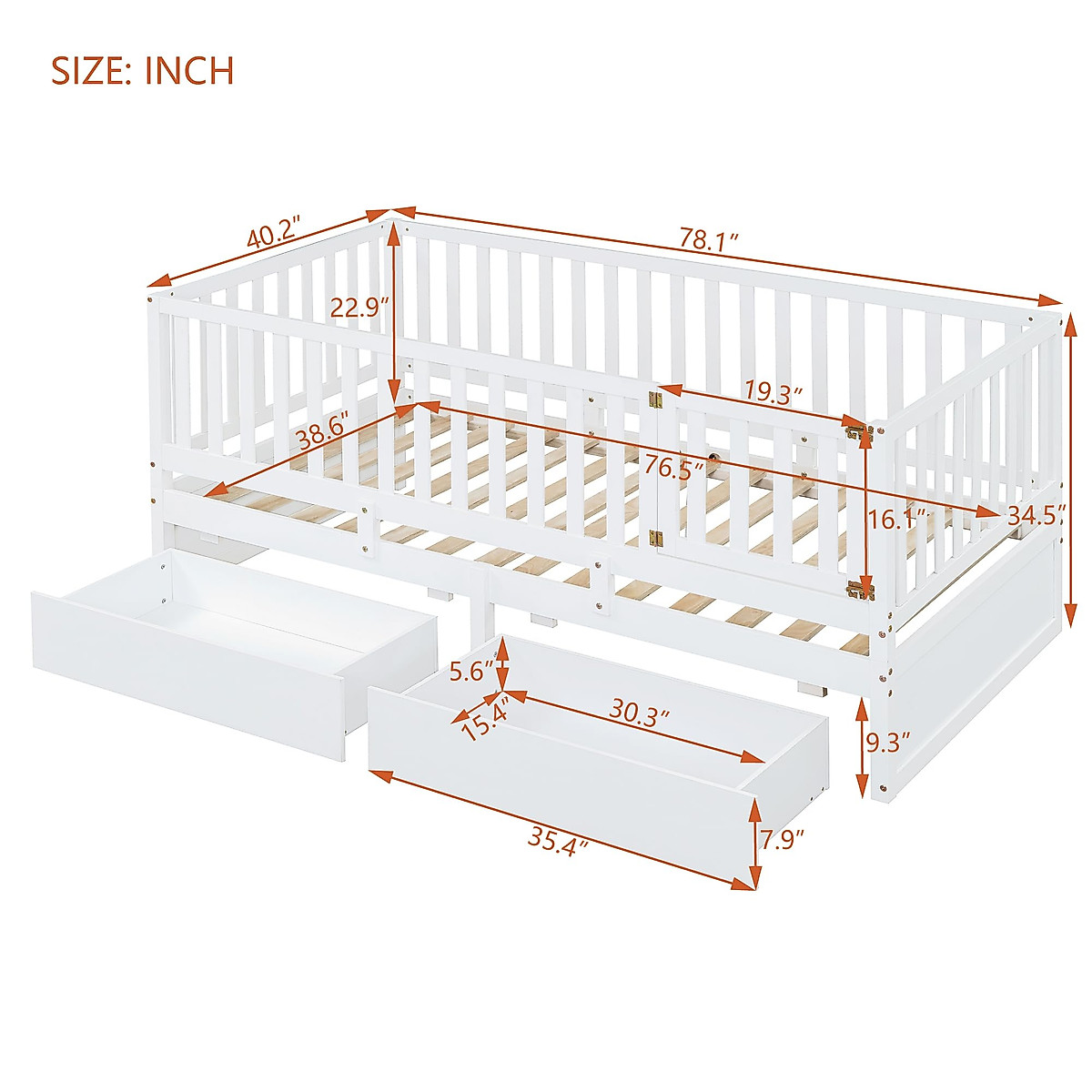 Twin Bed Frame with Rails and Storage Drawers, Can Be Divided into A Twin Size Floor Bed with Fence and A Daybed with 2 Drawers, Wood Montessori Beds for Kids Boys Girls Teens, White
