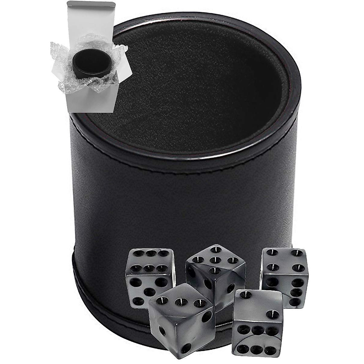 Cyber-Deals Set of 16mm Pearlized Olympic Dice and Black PU Leather Velvet Lined Dice Cup (Gift Boxed) (Silver Dice, Black Lining Cup)