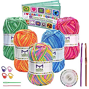 Mira Handcrafts Multicolored Crochet Yarn for Knitting and Crocheting | 5 Variegated Yarn Skeins (50g Each) | Total 547 Yards Bulk Yarn with Crochet kit– Ideal Beginners kit | Rainbow Colors Set