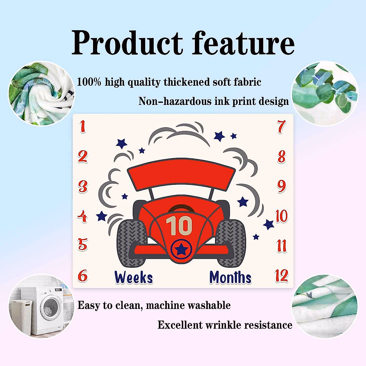 VIDMOT Racing Car Baby Monthly Milestone Blanket 48x40in Cute Baby Month Blanket Soft Plush Months Quilt for Nursery Decor Newborn Bedding BTLSVV16